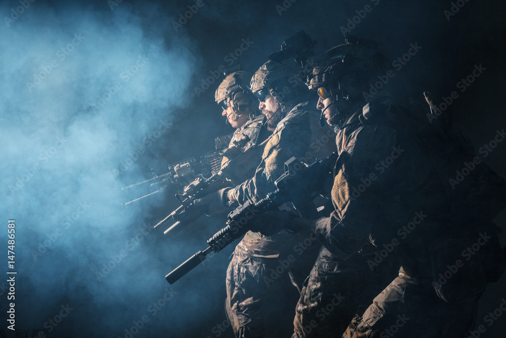 Group of security forces in Combat Uniforms with rifles, lined in the ...