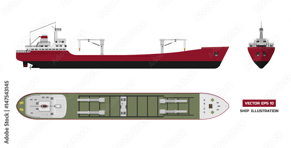 Cargo ship on a white background. Top, side and front view. Container ...