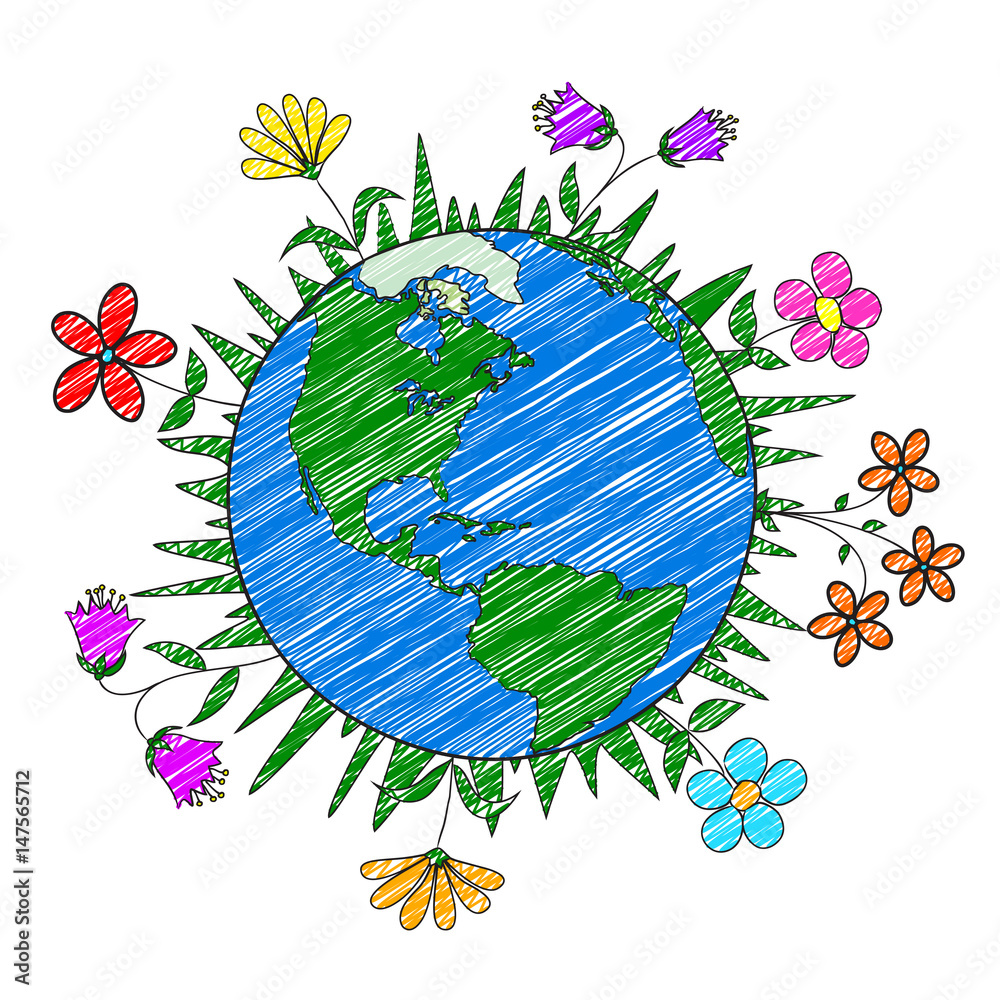 Handmade drawing planet Earth and flowers, nature conservation, ecology ...