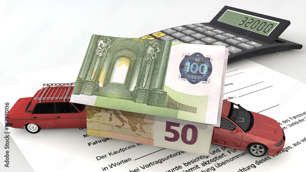 Autos mit Haus aus Geld, Taschenrechner und Kaufvertrag Stock ...