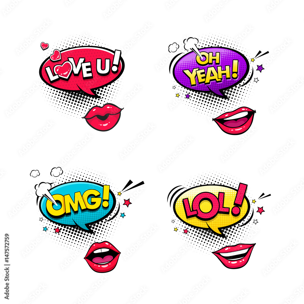 Comic speech bubbles and female lips set with different emotions and ...