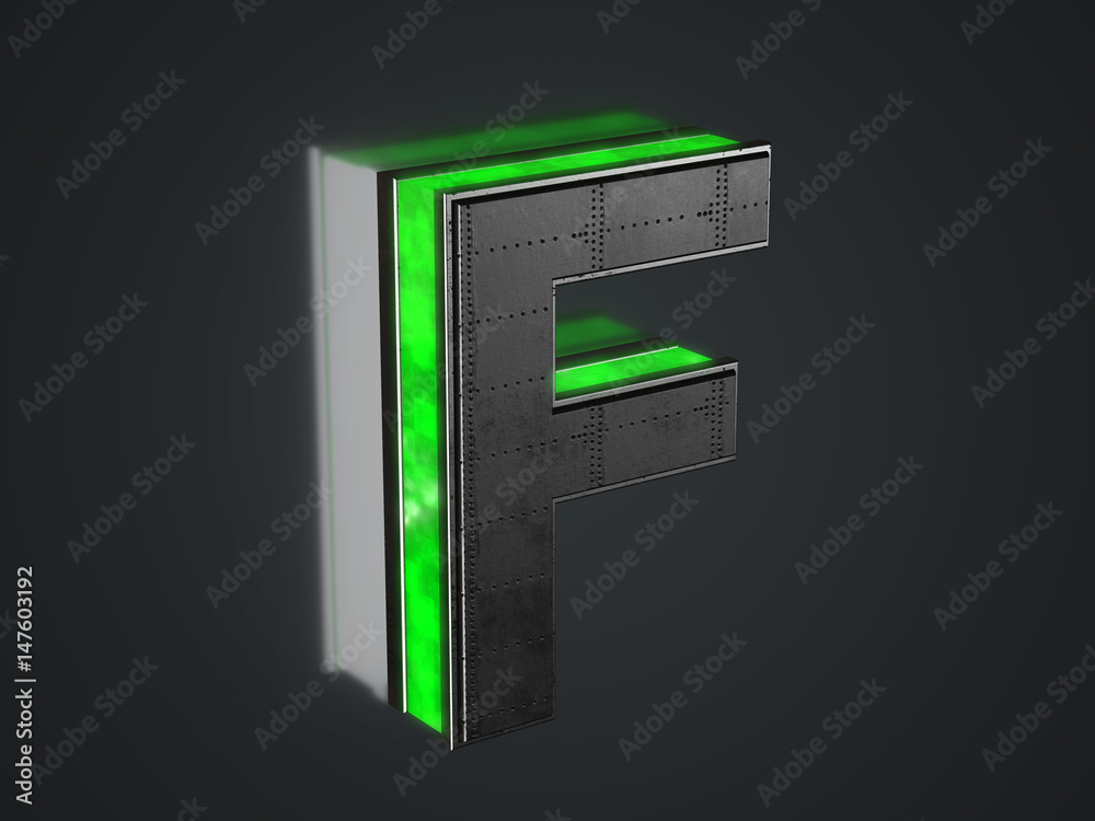 Futuristic letter F - black metallic extruded letter with green light ...