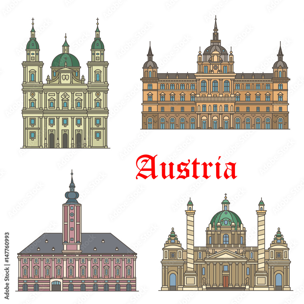 Austrian travel landmarks of architecture icon set Stock Vector | Adobe ...
