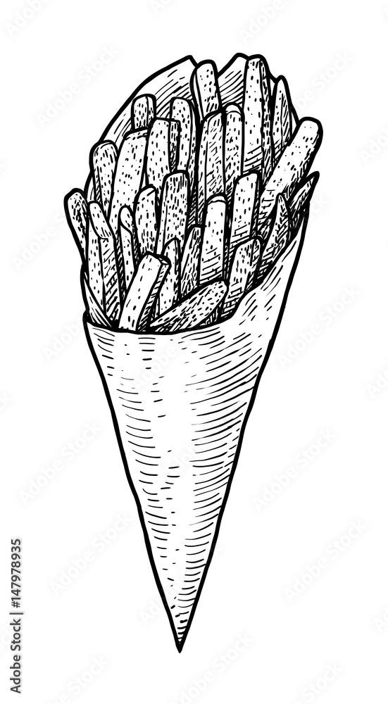 French fries illustration, drawing, engraving, ink, line art, vector ...
