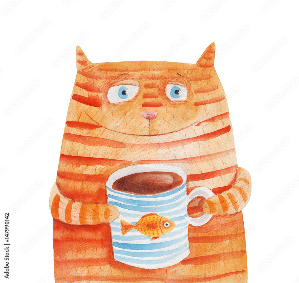 Striped cat with mug with fish. Watercolor illustration. Hand drawing ...