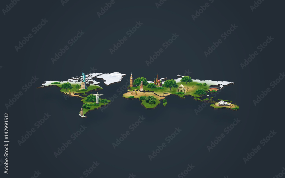 3d illustration of a soil slice, travel, world map with architecture ...