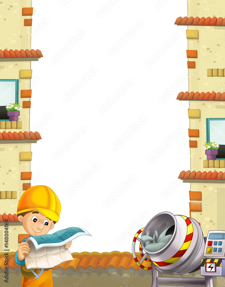 cartoon scene of a construction site frame with working man and ...