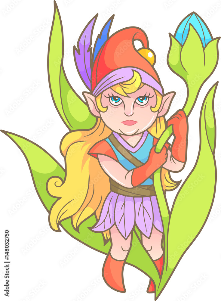 Cartoon cute elf standing near a flower Stock Vector | Adobe Stock