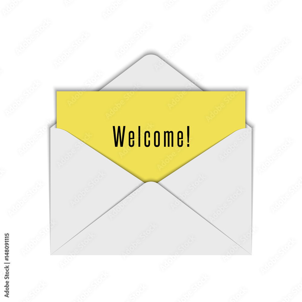 Blank realistic white envelope mockup of open with yellow sheet paper ...