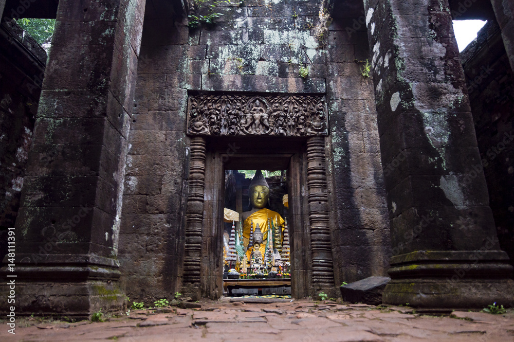 Buddha statue inside the sanctuary in Vat Phou (or Wat Phu) - Khmer ...
