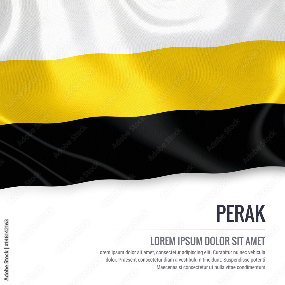 Perak flag. Flag of Malaysian state Perak waving on an isolated white ...