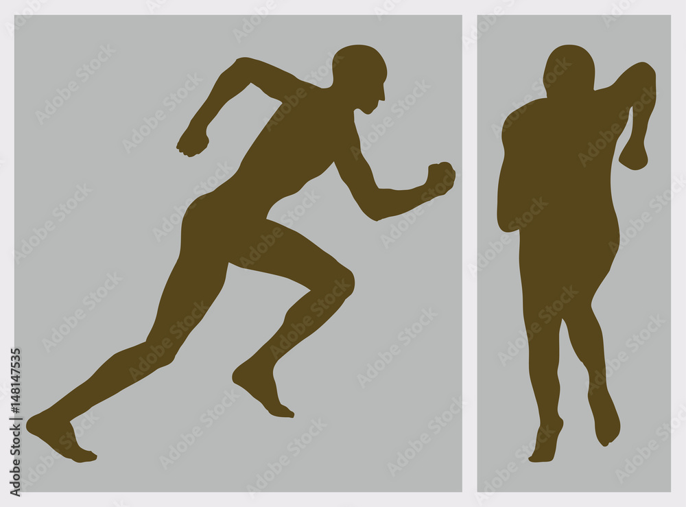 Two silhouettes of a running man in front and side views. Vector ...