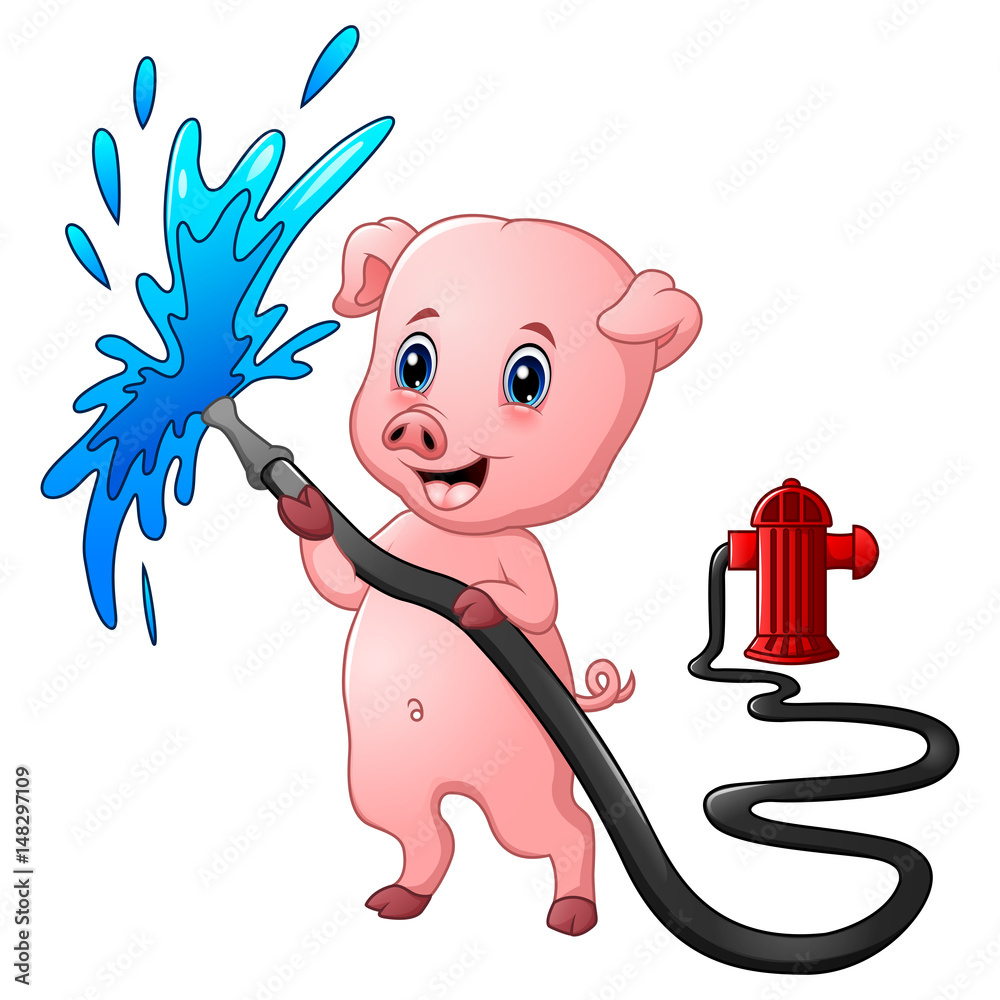 Cartoon pig with hose spraying water and fire hydrant Stock Vector ...
