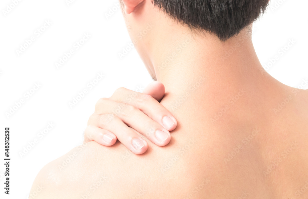 Closeup man hand holding shoulder with pain on white background Stock ...