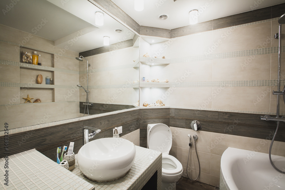 Stylish luxury water closet with huge wall mirror modern wash sink and ...