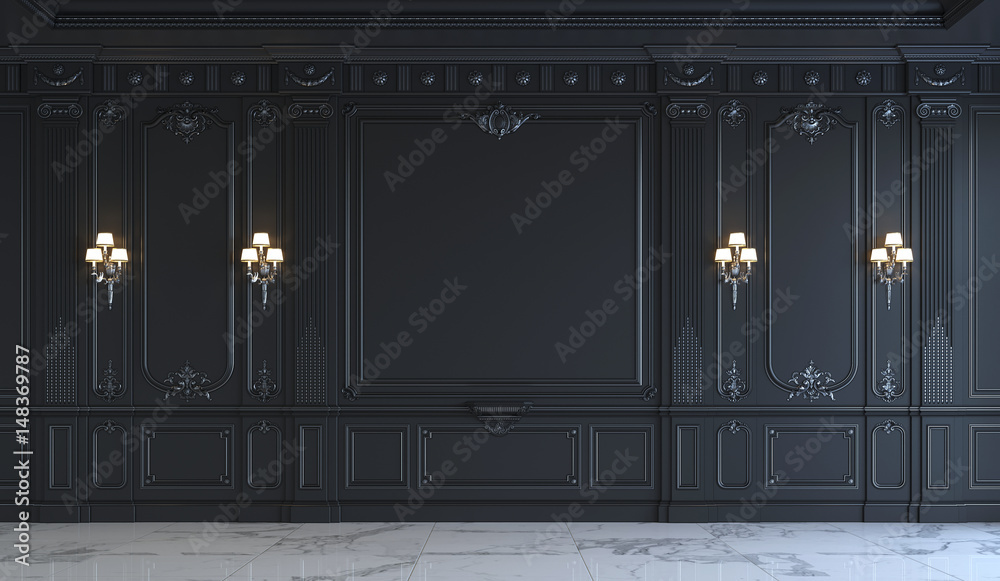 Black wall panels in classical style with silvering. 3d rendering Stock ...