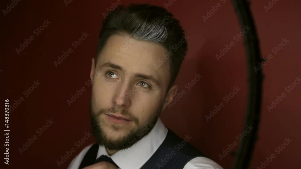 Young bearded dandy with hair brushed back in a trendy manner ...