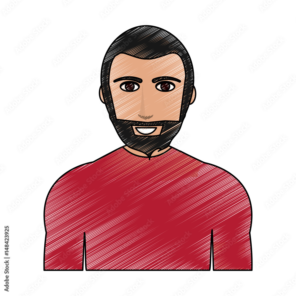 color pencil cartoon half body man with muscular body and beard vector ...