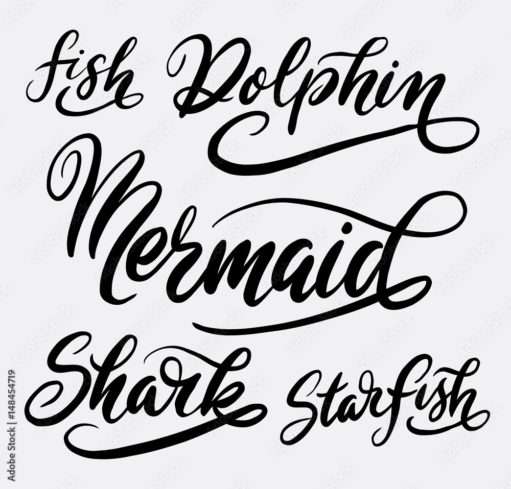 Mermaid and shark fish hand written typography. Good use for logotype ...