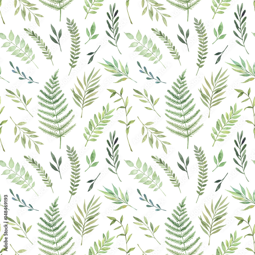 Hand drawn watercolor illustration. Botanical background with green ...