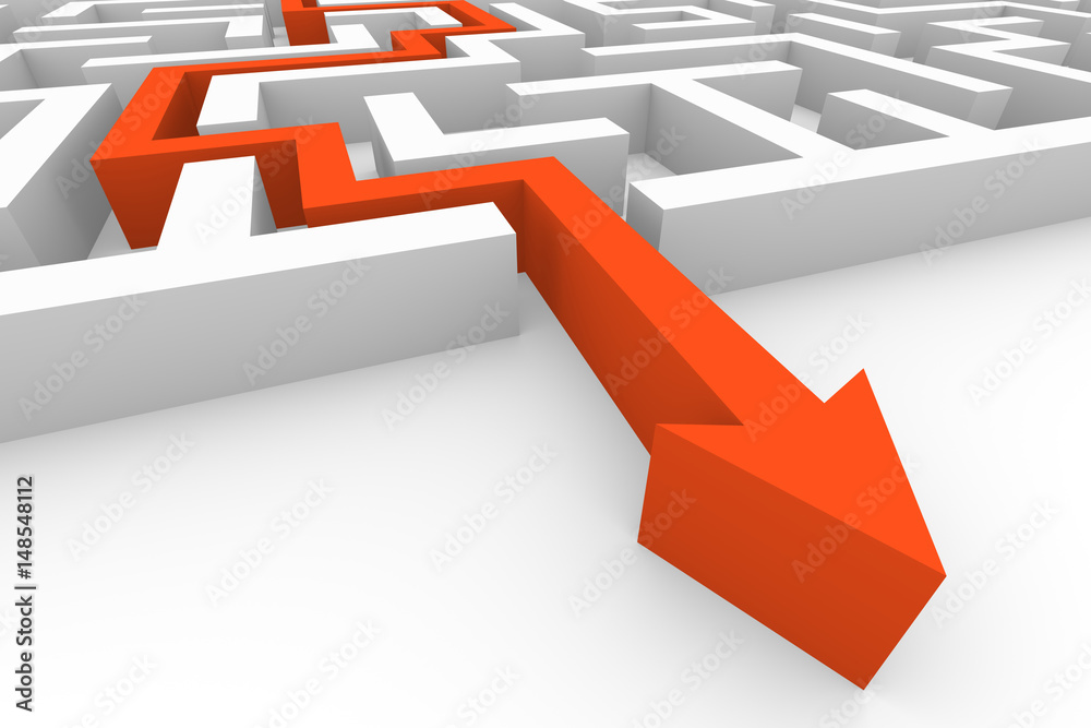 Labyrinth with red arrow coming out. Close up view. 3d render. Stock ...