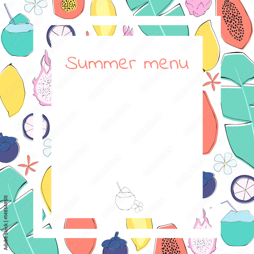 Summer menu template. Different exotic fruits and flowers on the ...