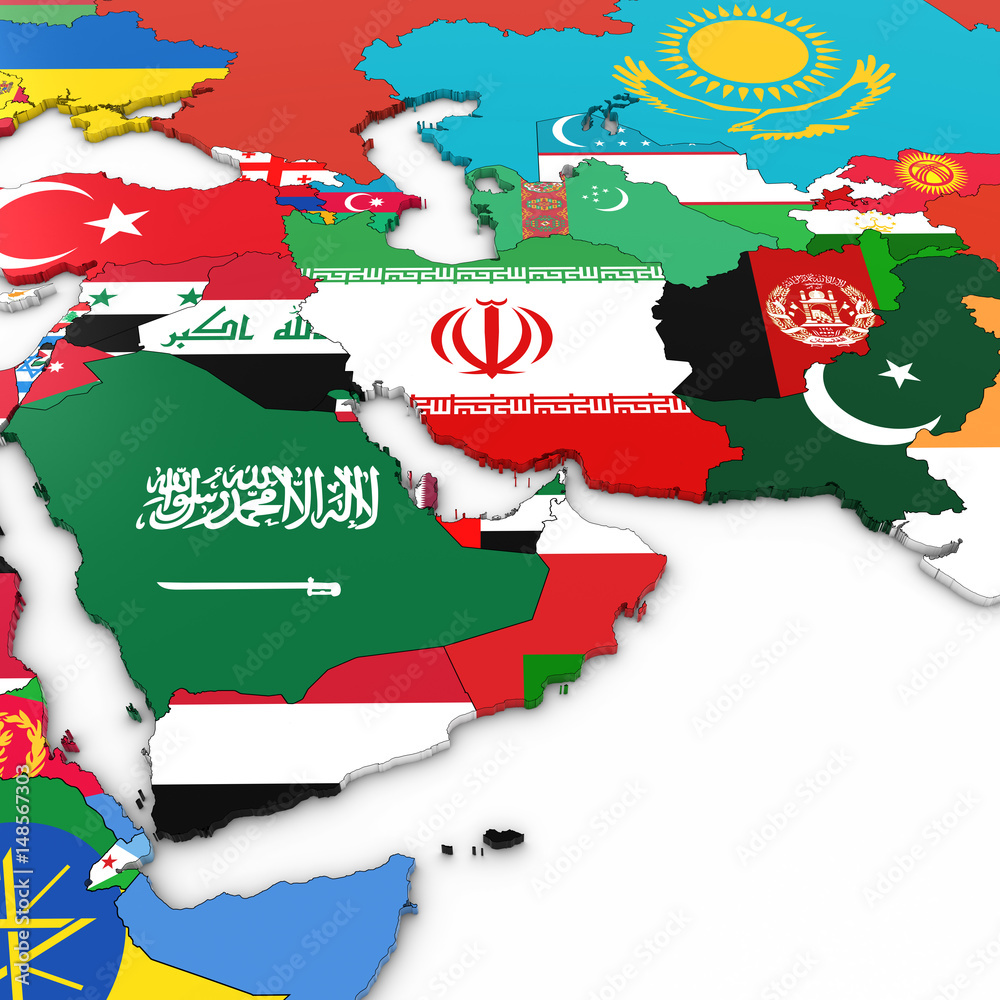 3D Map of the Middle East with National Flags on White Background 3D ...