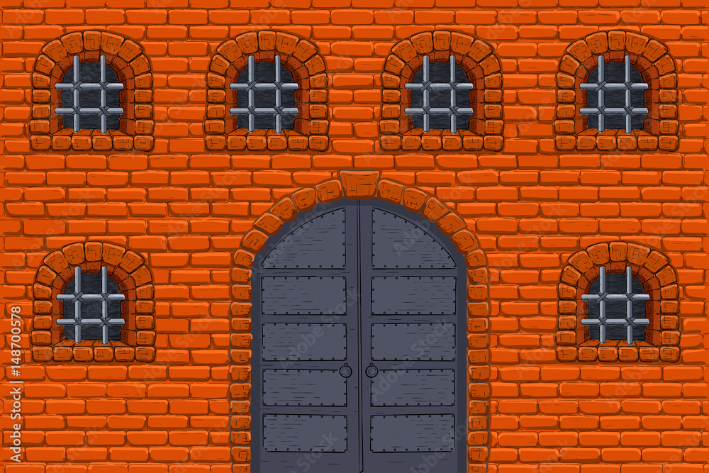 Old castle wall with barred windows and metal doors. Colored sketch ...