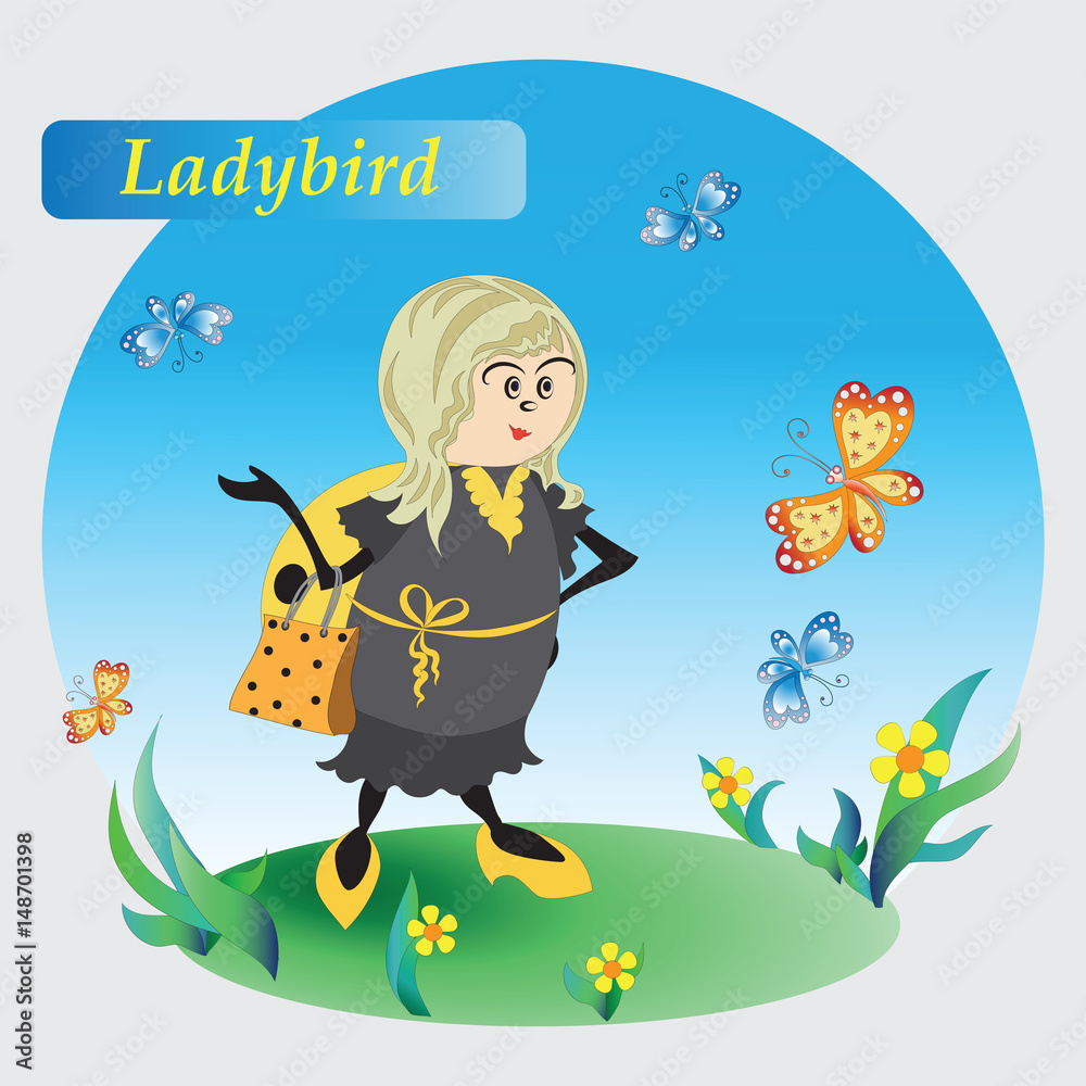 Yellow ladybug on the meadow. Drawing for kids. Nature. Cartoon ...