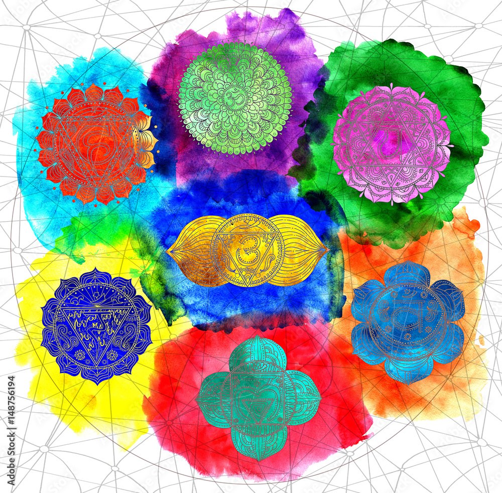 Colorful chart with chakras of human body on watercolor drops and net ...