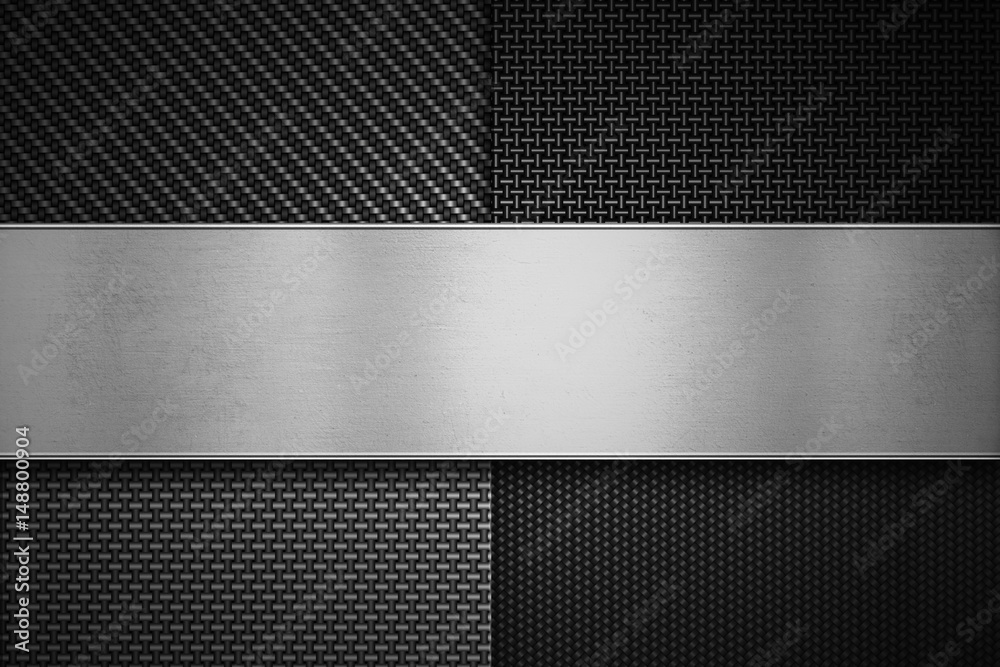 Four types of carbon fiber texture with polish metal plate on center ...