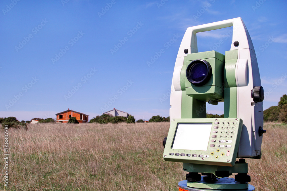 Total station. Survey Instrument geodetic device. Fall time land ...