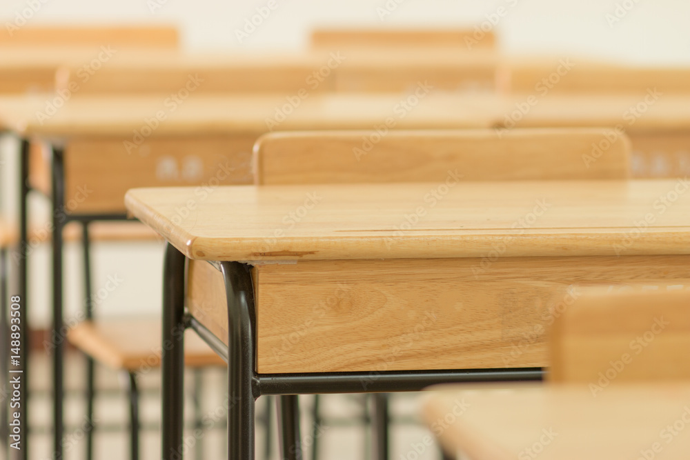School empty classroom with desks chair wood with greenboard, in high ...