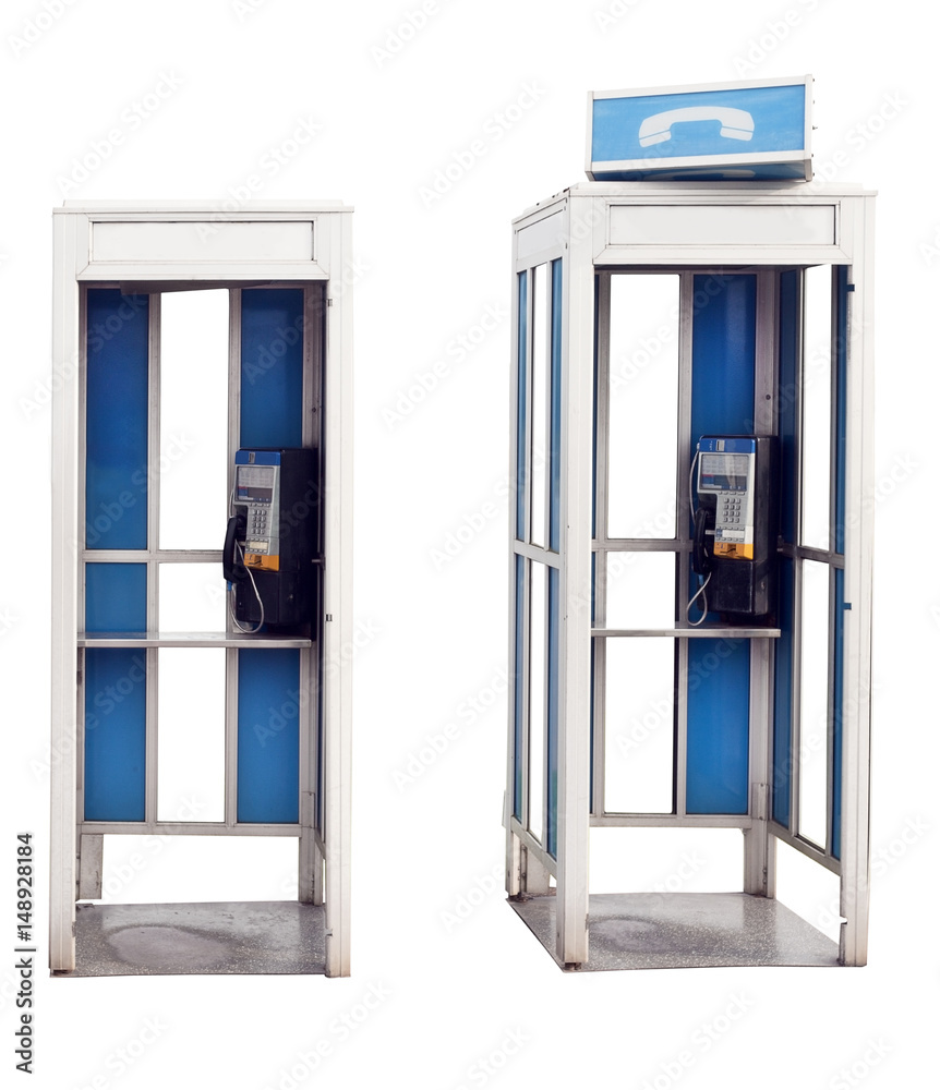 Two isolated vintage outdoor phone booths. Stock Photo | Adobe Stock