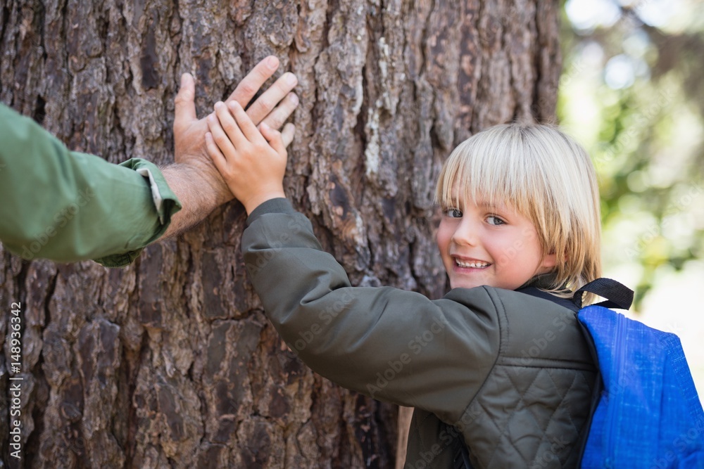 Smiling son with father touching tree trunk in forest Stock Photo ...