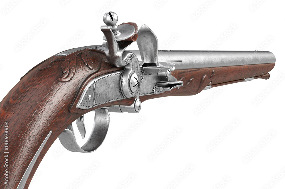 Pistol gun old weapon metal collectible, close view. 3D rendering Stock ...