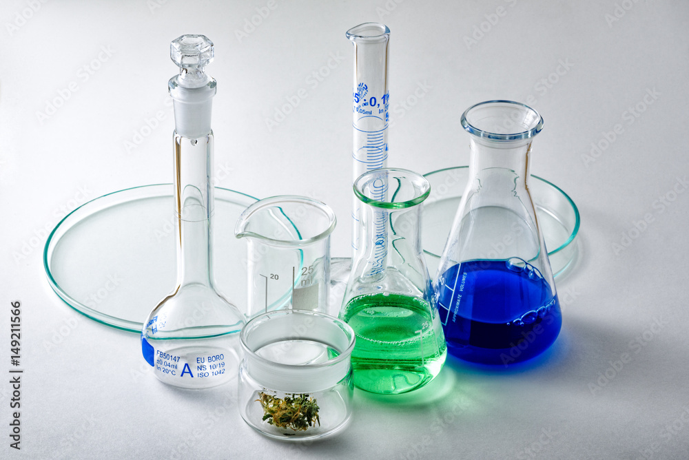 Laboratory Glassware with Marijuana Bud in Small Glass Container, Green ...