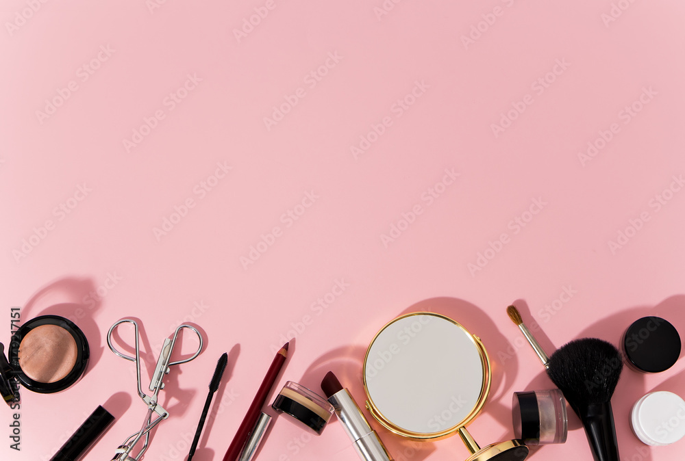 make up products and tools on pink background Stock Photo | Adobe Stock