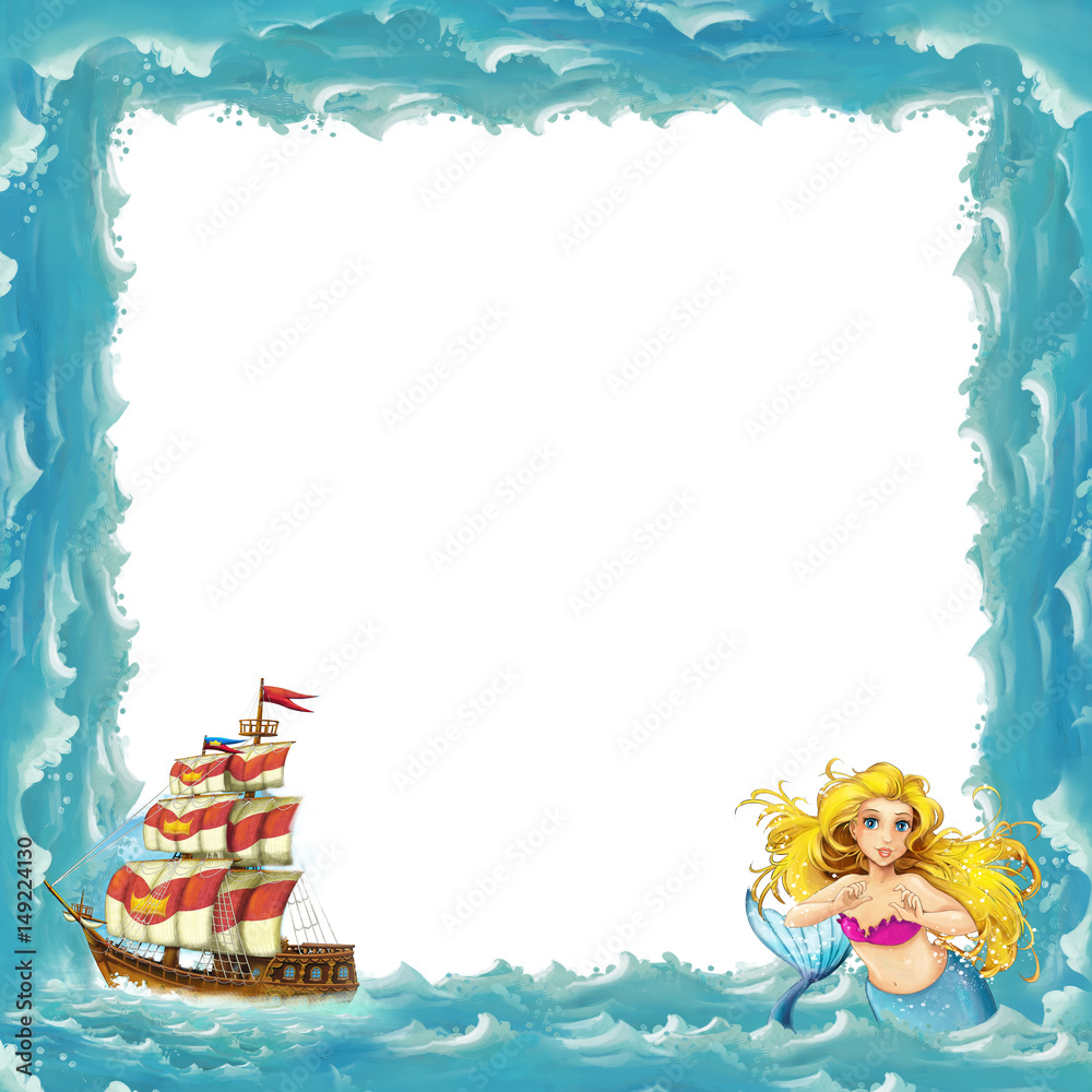 cartoon sea frame with mermaid and wooden ship illustration for ...