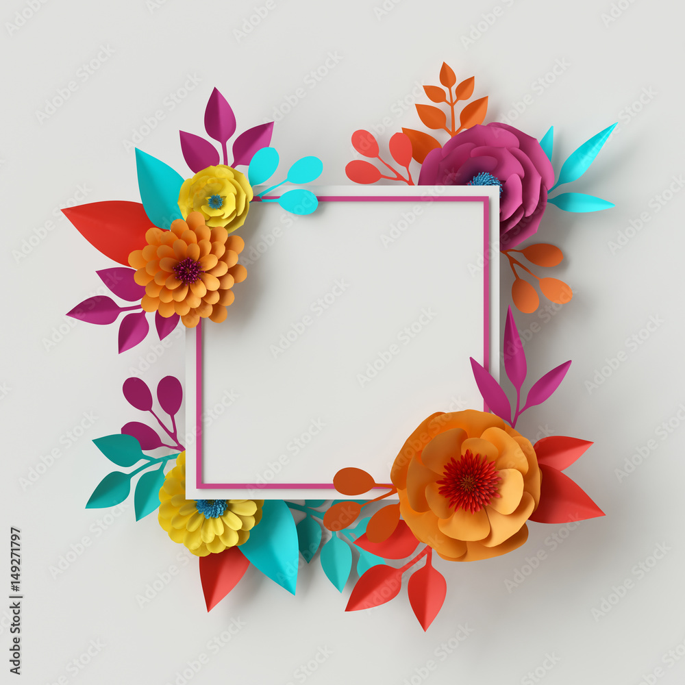 3d render, digital illustration, abstract frame, colorful paper flowers ...