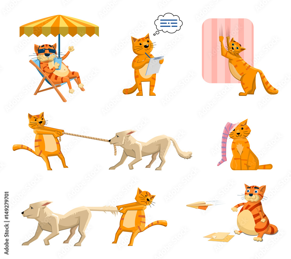 Set of cartoon cat characters showing diverse actions, emotions. Funny ...