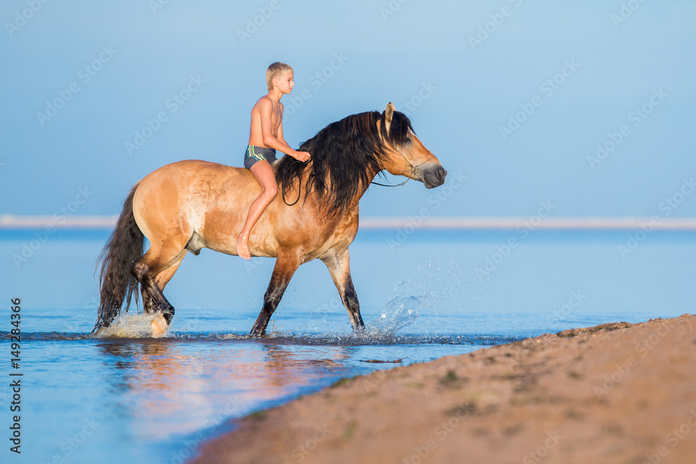 The boy riding a horse in the sea. Young rider on horse swim in water ...