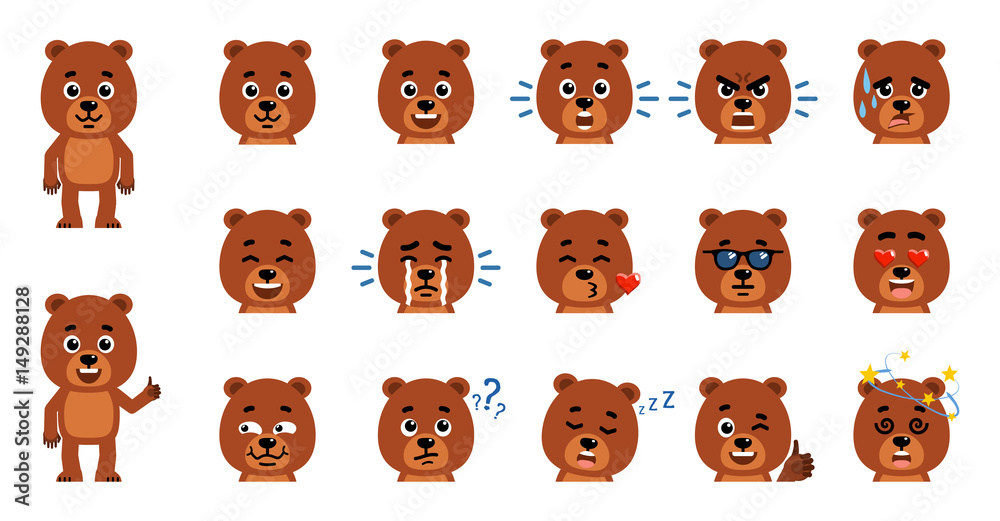 Set of cartoon teddy bear emoticons. Funny bear cub avatars showing ...
