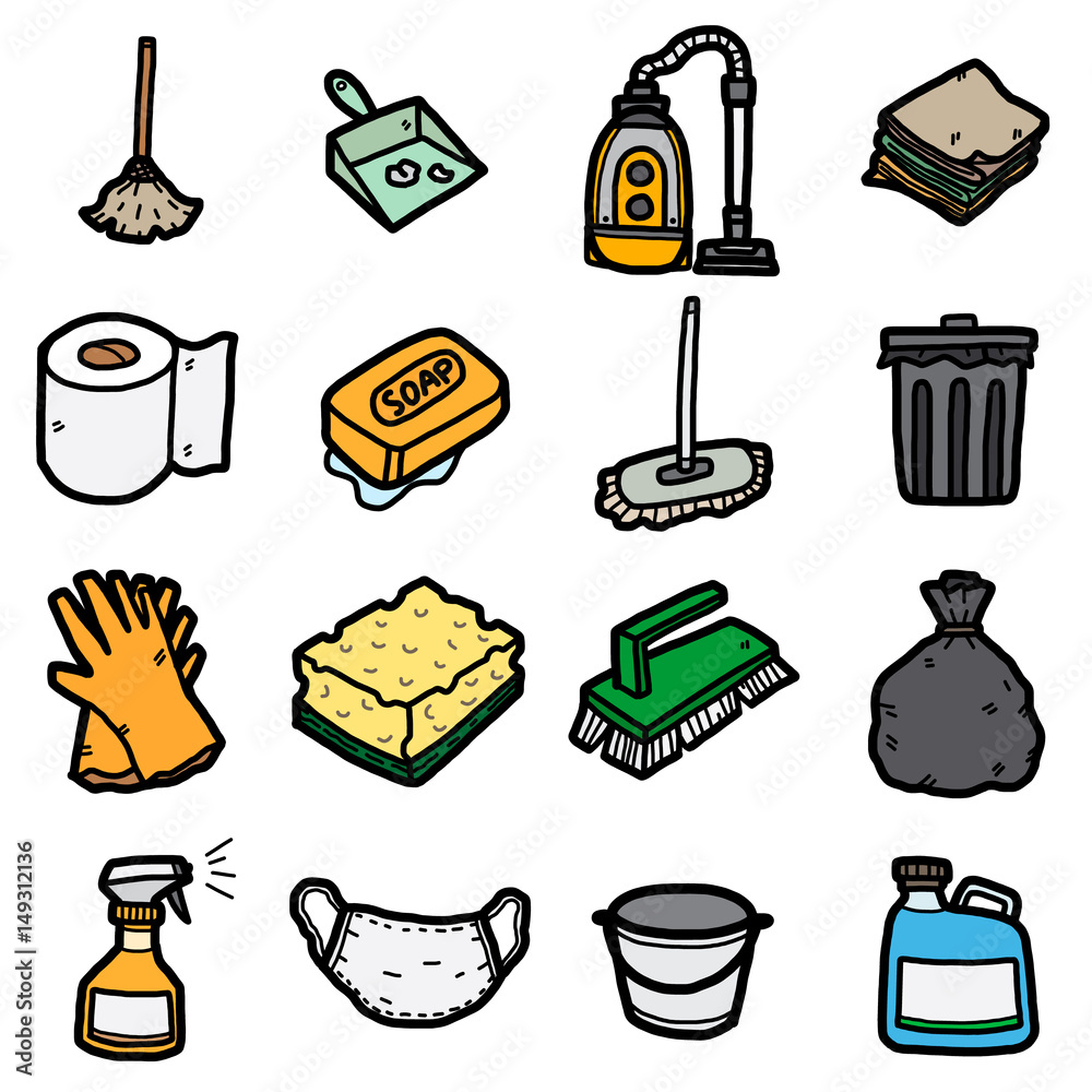 cleaning objects, icons set / cartoon vector and illustration, hand ...