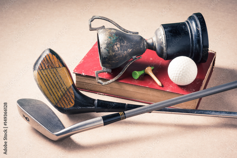 still life photography : golf club and golf ball and tee with old ...