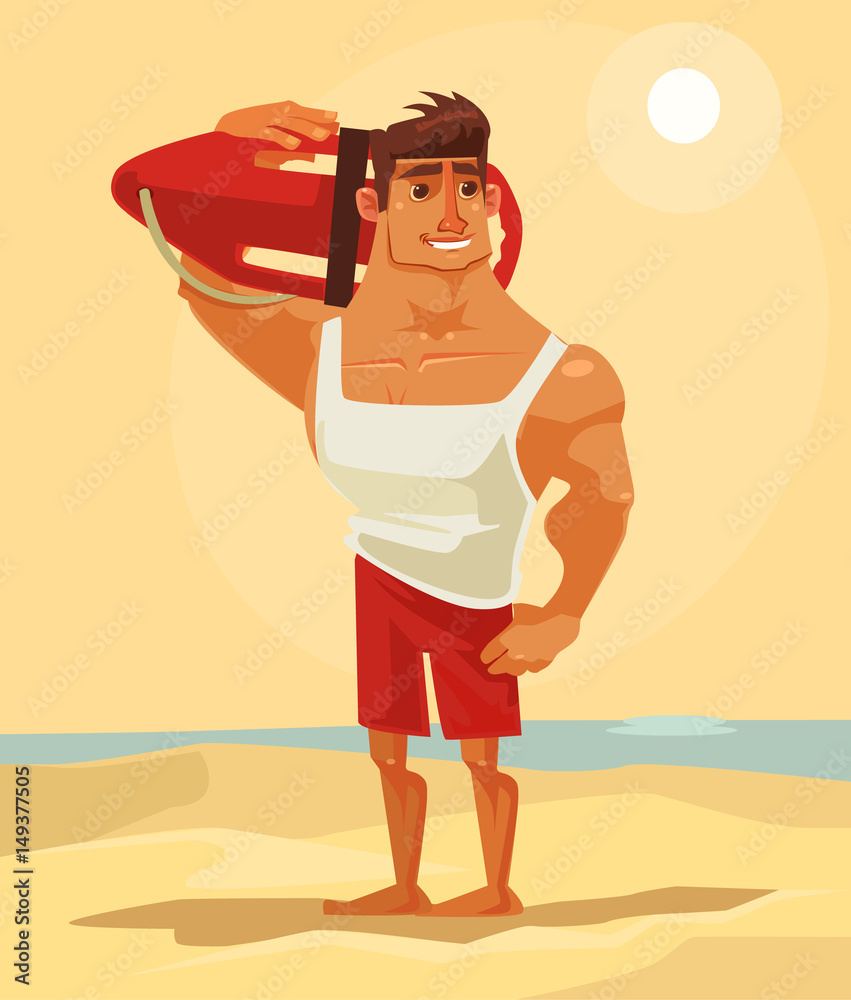 Happy smiling sea lifeguard man character mascot. Vector flat cartoon ...