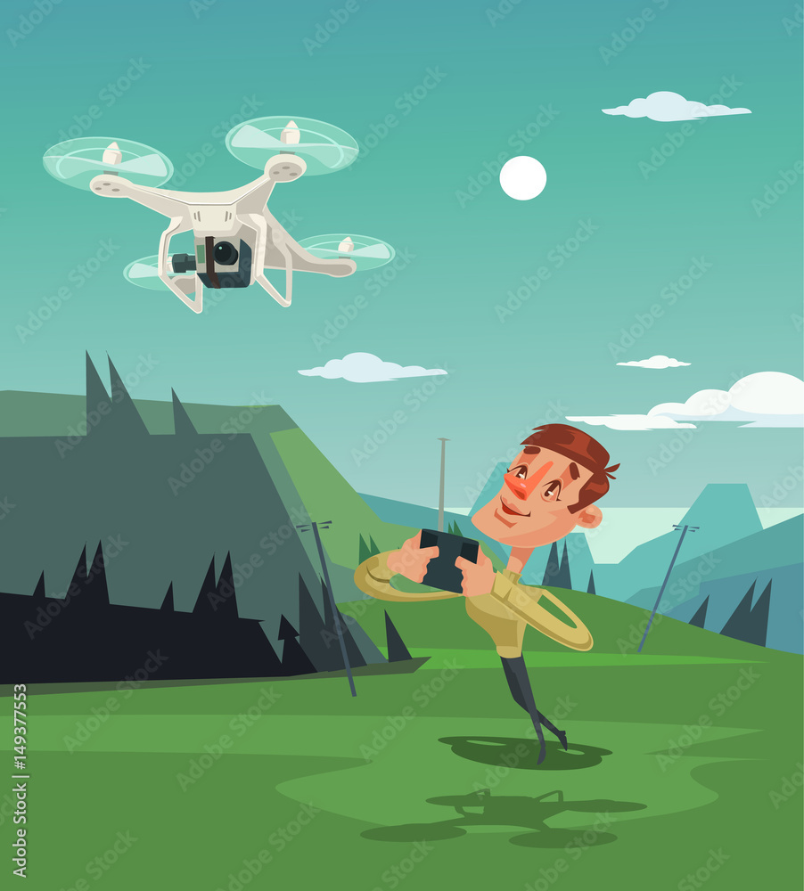 Happy smiling man character mascot playing with drone. Vector flat ...