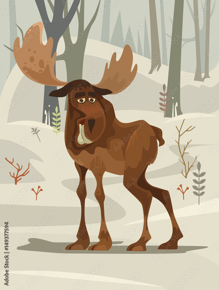 Happy smiling elk character mascot walking forest. Vector flat cartoon ...