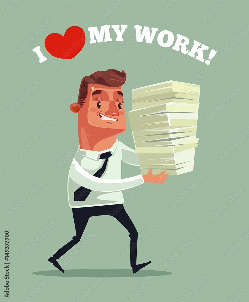 Happy smiling businessman office worker mascot character holding lot of ...