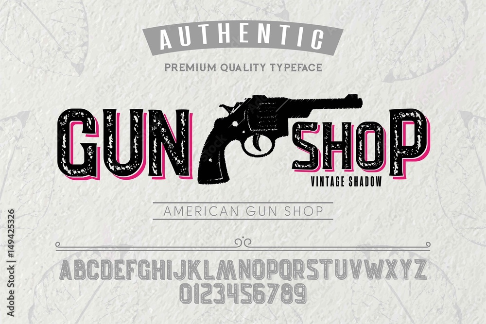 Font.Alphabet.Script.Typeface.Label.Authentic Gun Shop vintage shadow ...